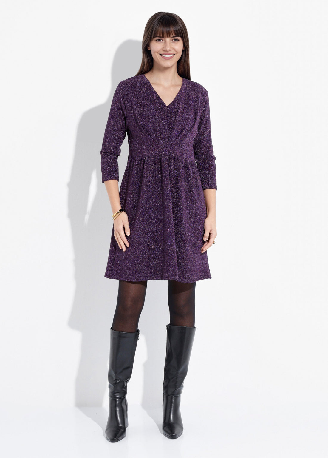 Chic short dress in metallic knit Purple | Afibel
